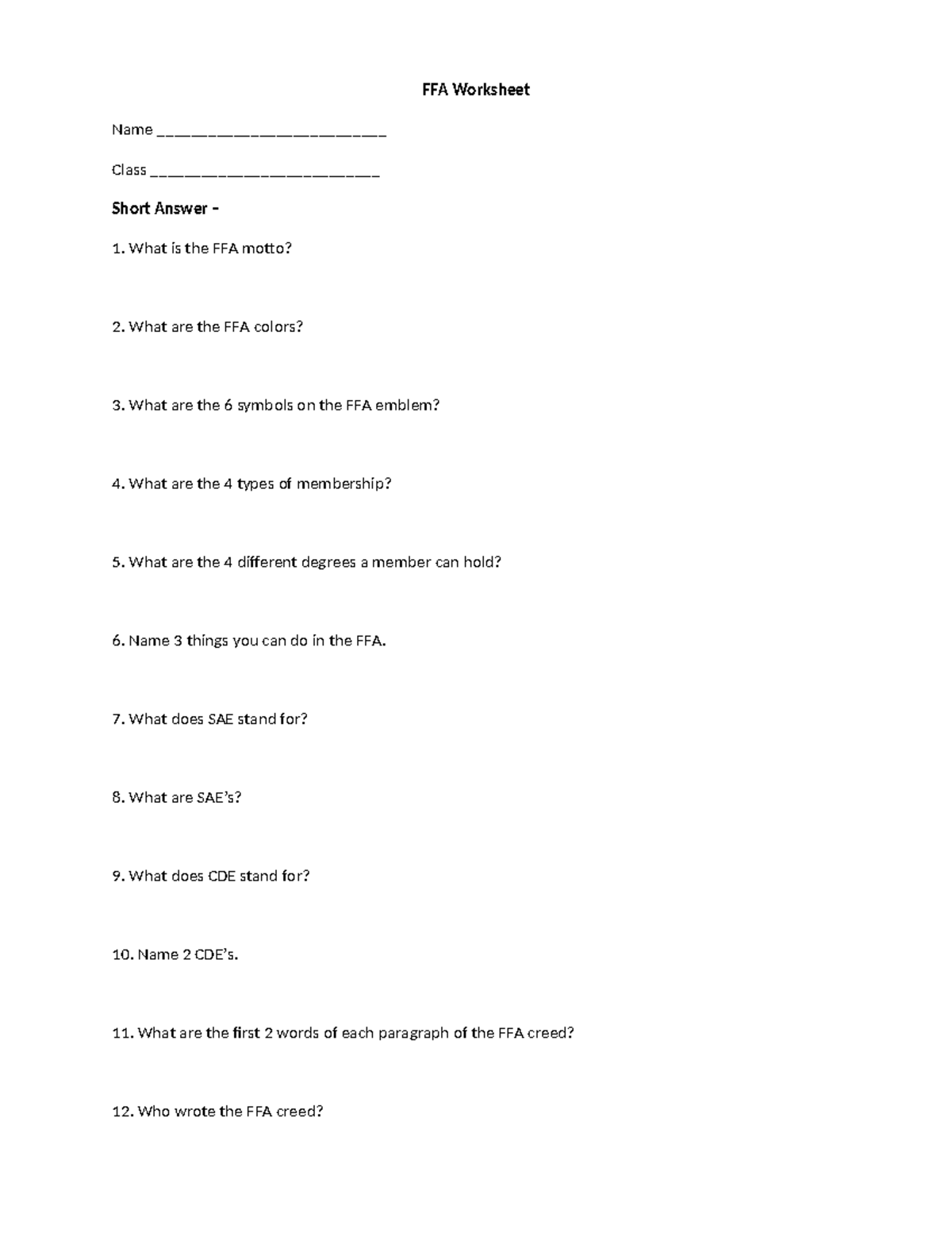 FFA Worksheet - yes. - FFA Worksheet Name ...