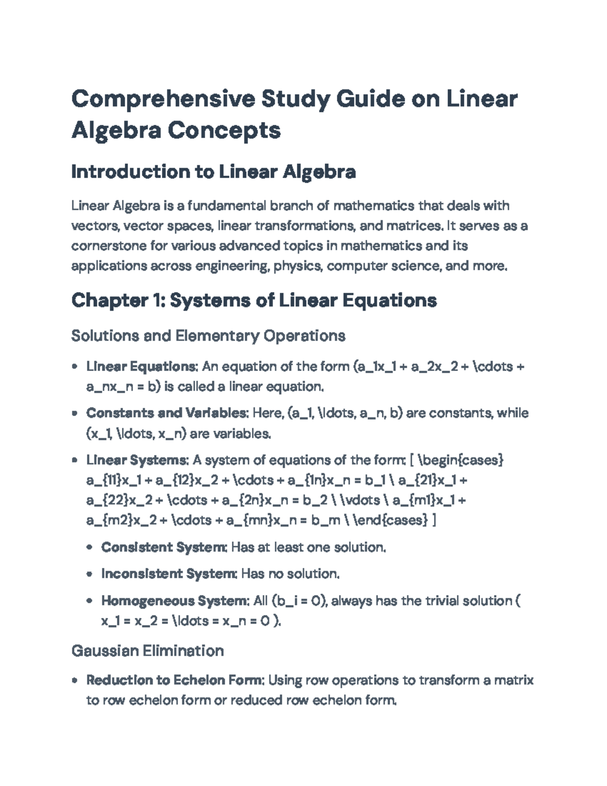 Comprehensive Study Guide on Linear Algebra Concepts - Comprehensive ...
