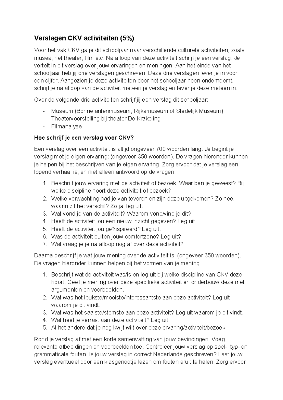 CKV Verslag Schrijven: Opdracht en Richtlijnen voor Activiteiten - Studeersnel