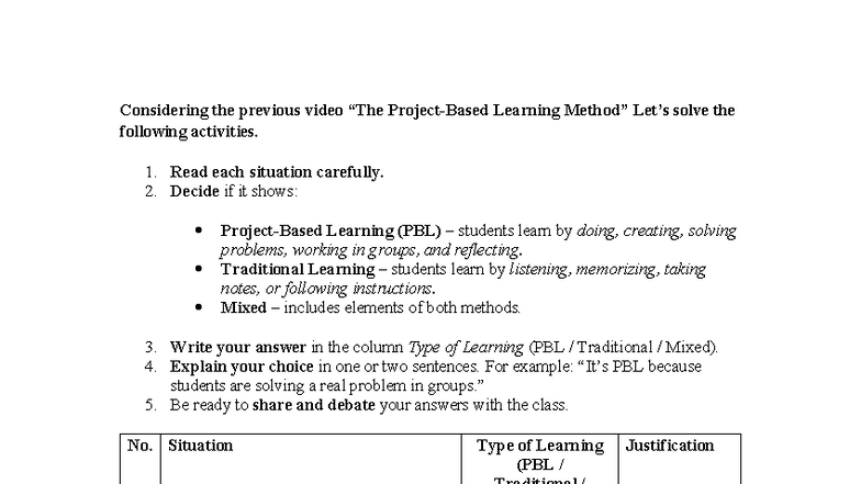 Exercise 1 - PBL vs Traditional Learning Activities Analysis - Studocu