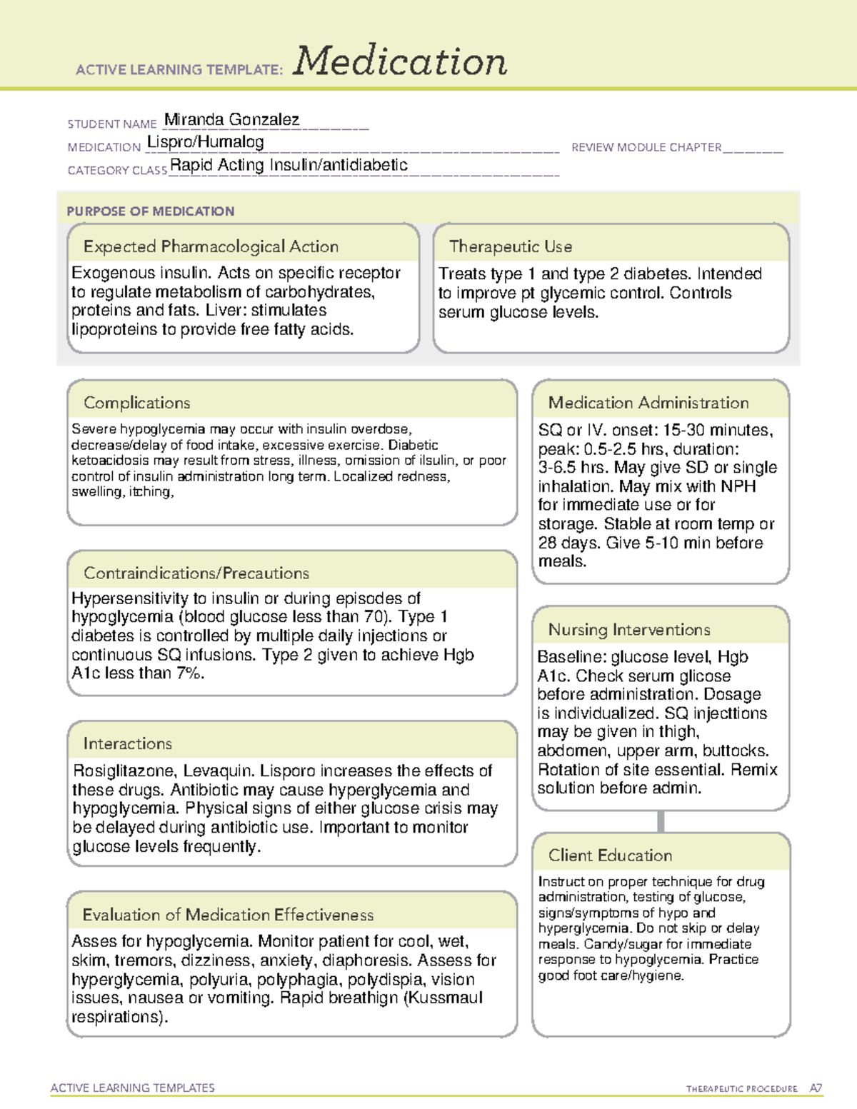 Lispro Humalog Insulin Drug Card - Active Learning Template - Studocu