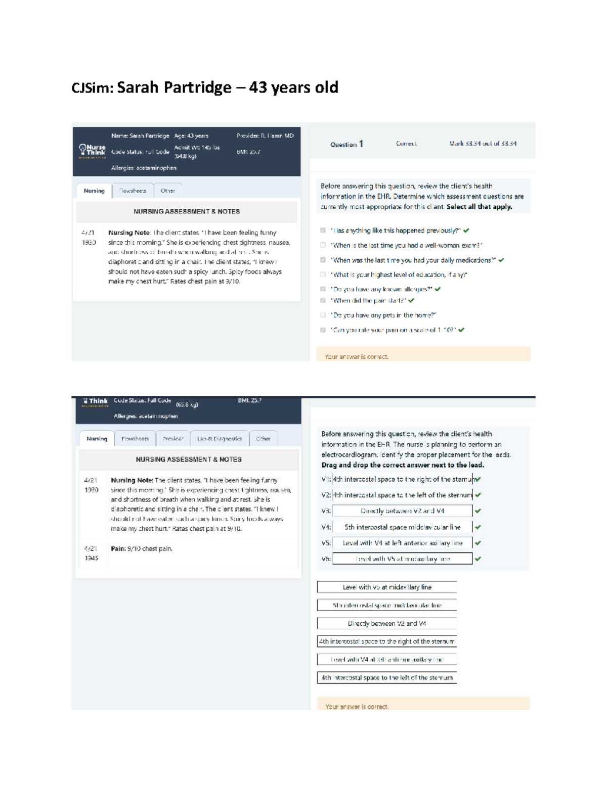 CJSim: Nursing Assessment Notes for Sarah Partridge (43 y/o) - Studocu