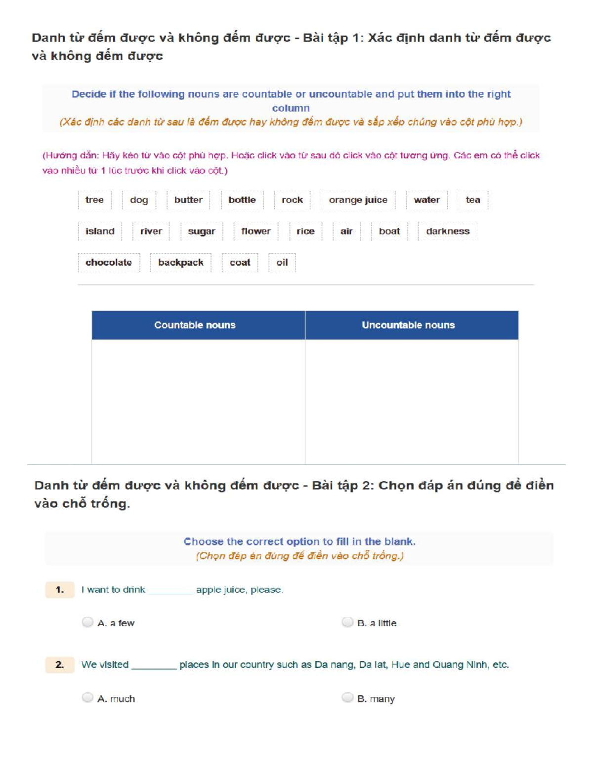 Danh từ đếm và không đếm - Bài tập 1 & 2 - Unit 5 - Grade 6 - Studocu