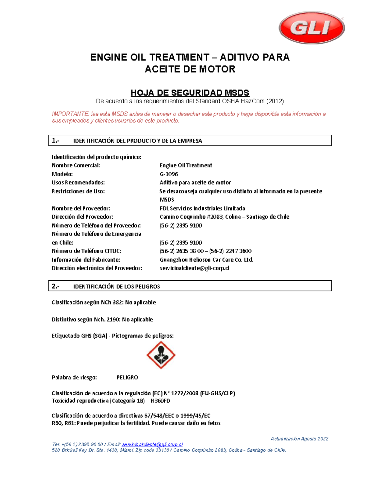 MSDS G1096: Hoja de Seguridad para Aditivo de Aceite de Motor - Studocu