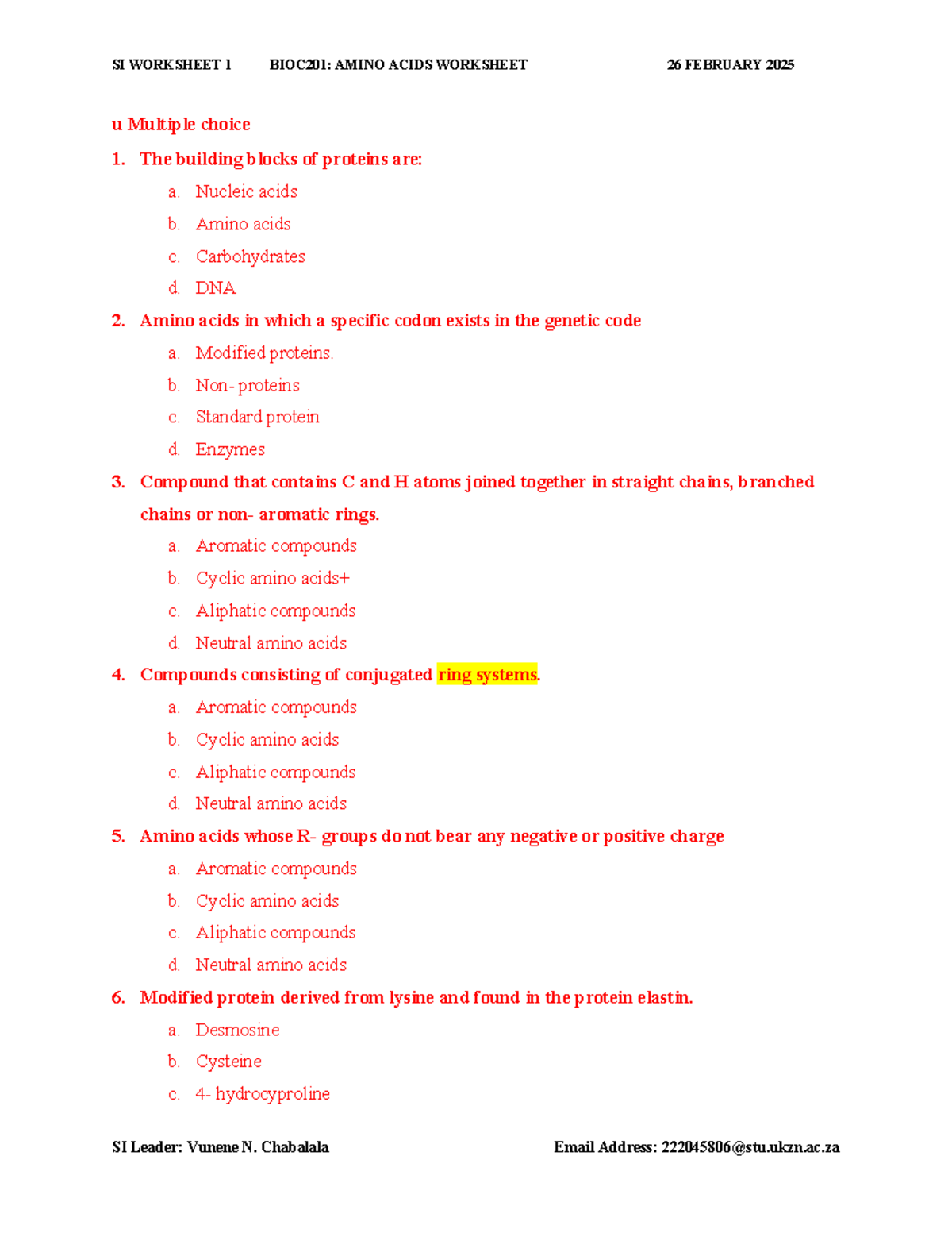 BIOC201: Amino Acids Worksheet - SI Worksheet 1 (Feb 26, 2025) - Studocu