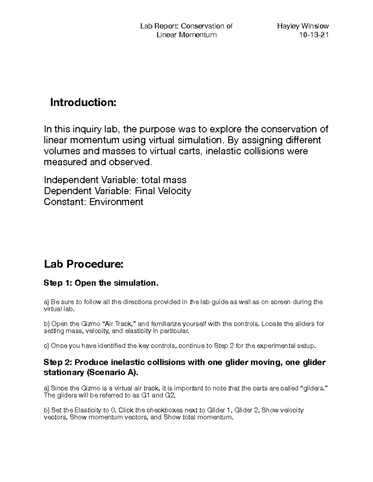 Lab Report- Conservation of Linear Momentum - Linear Momentum 10-13 ...