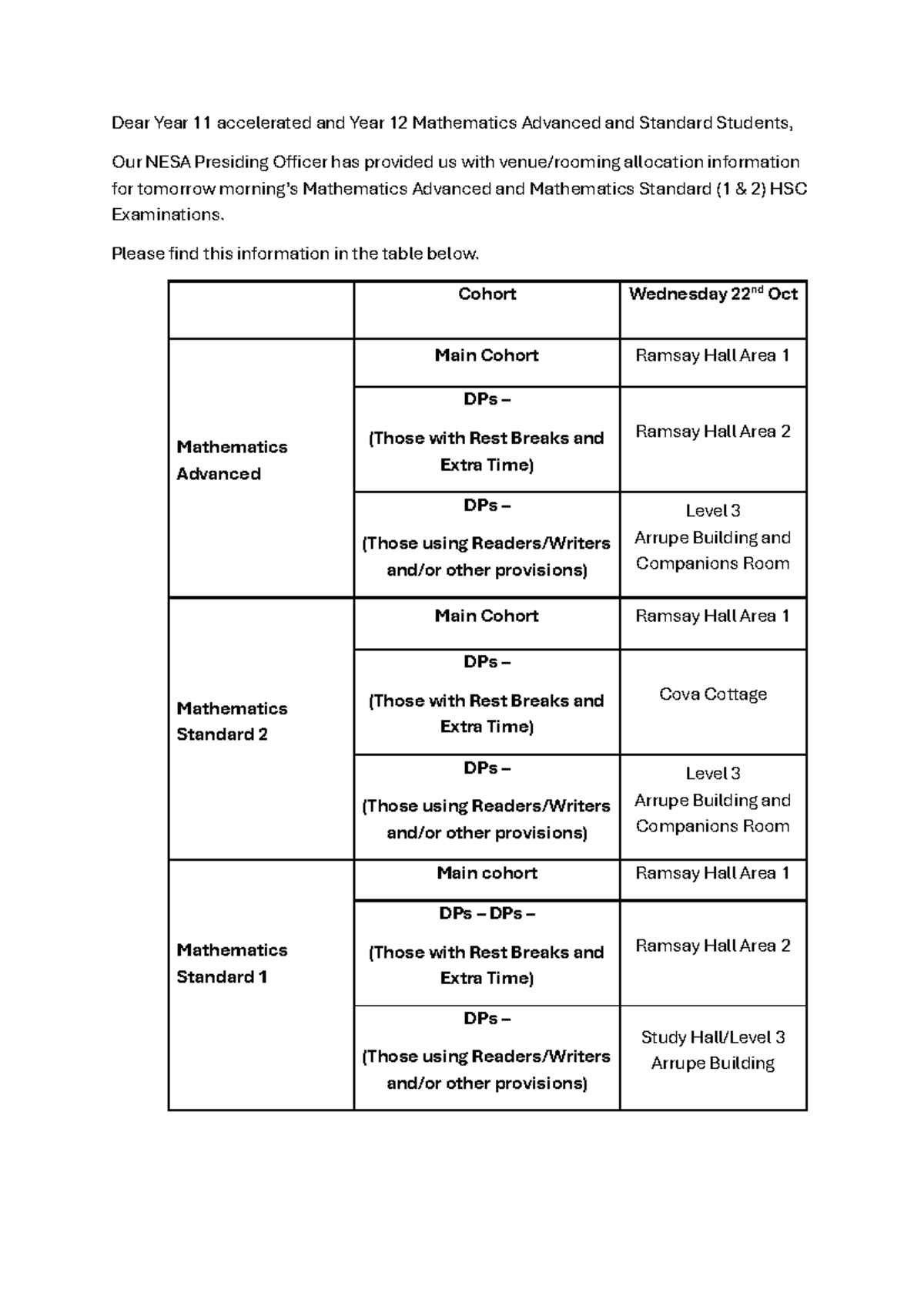 HSC Mathematics Venue Allocations for Year 11 & 12 Students - Studocu