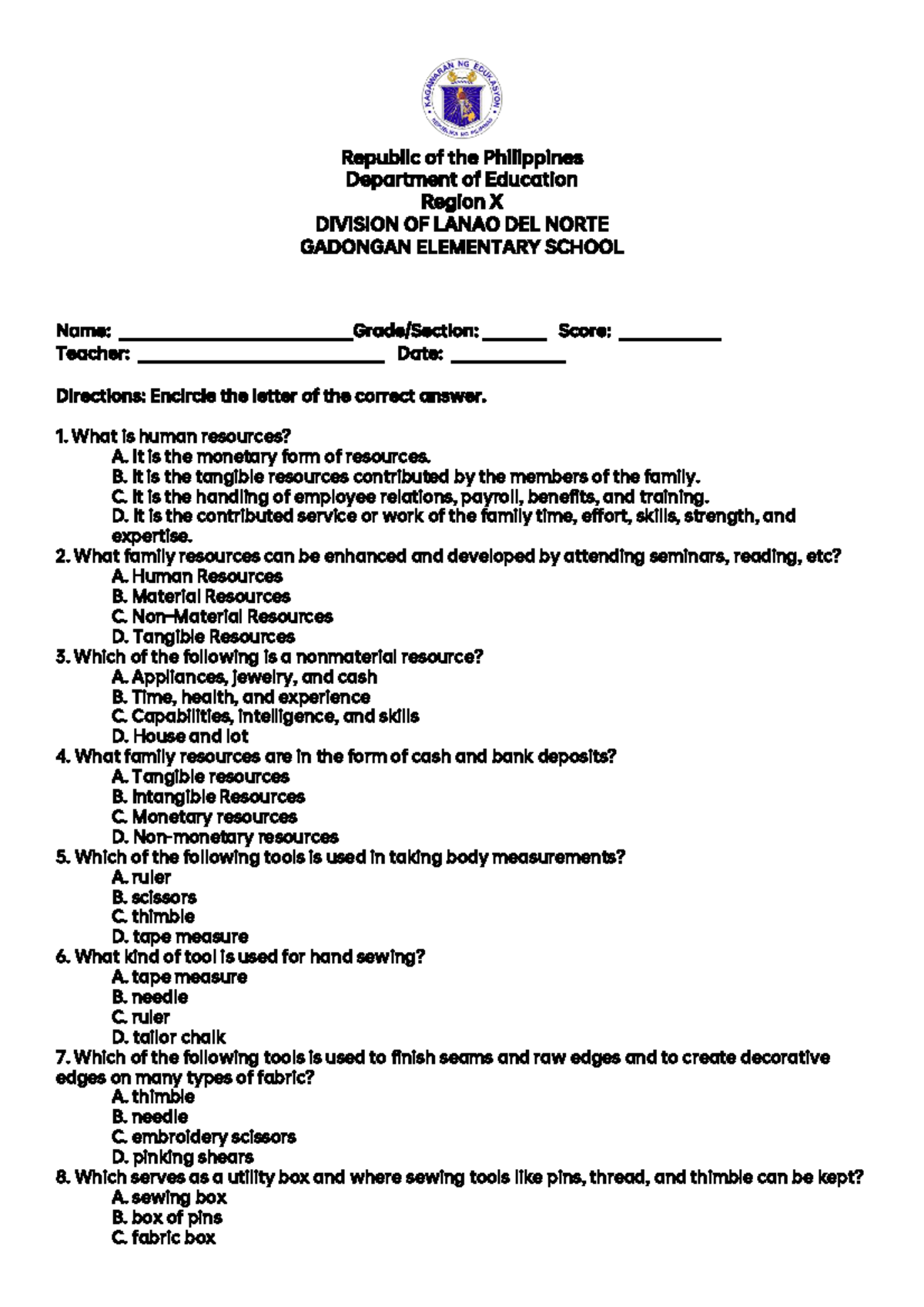 DTC PT Q3 TLE-HE 6: Answer Key and Review Guide - Studocu
