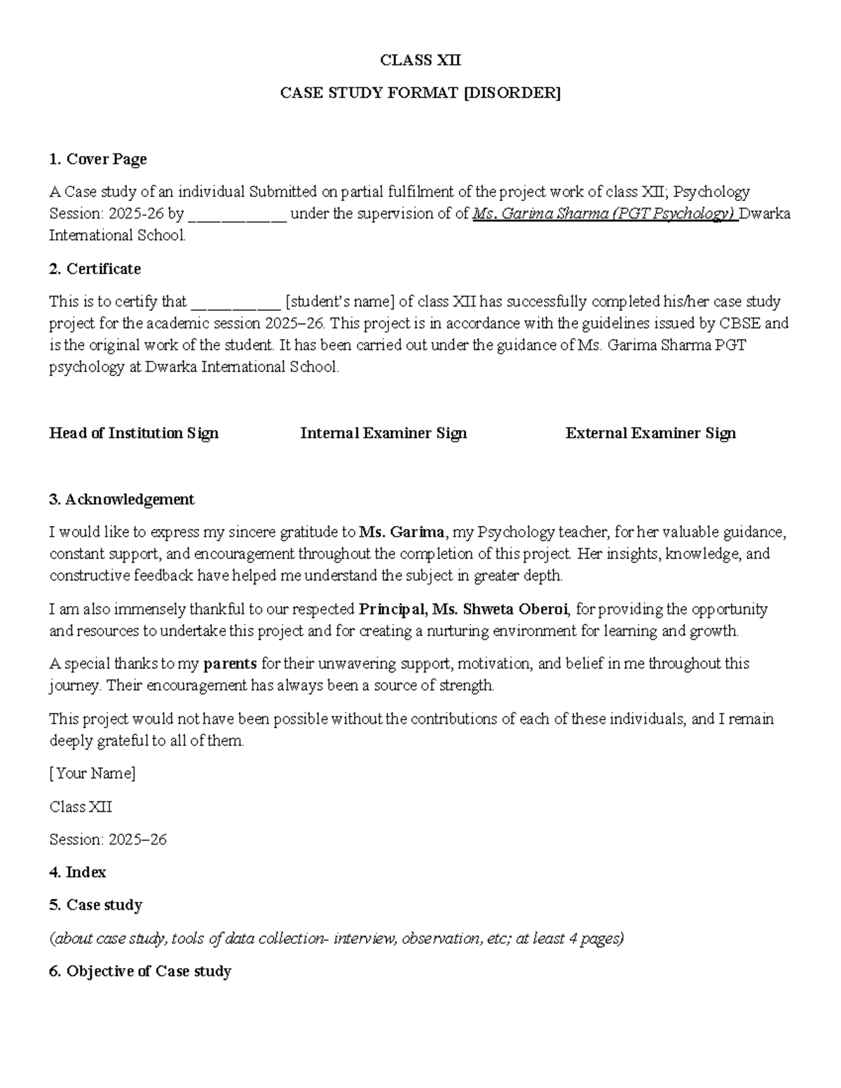 Class XII Psychology Case Study Project Format - Studocu