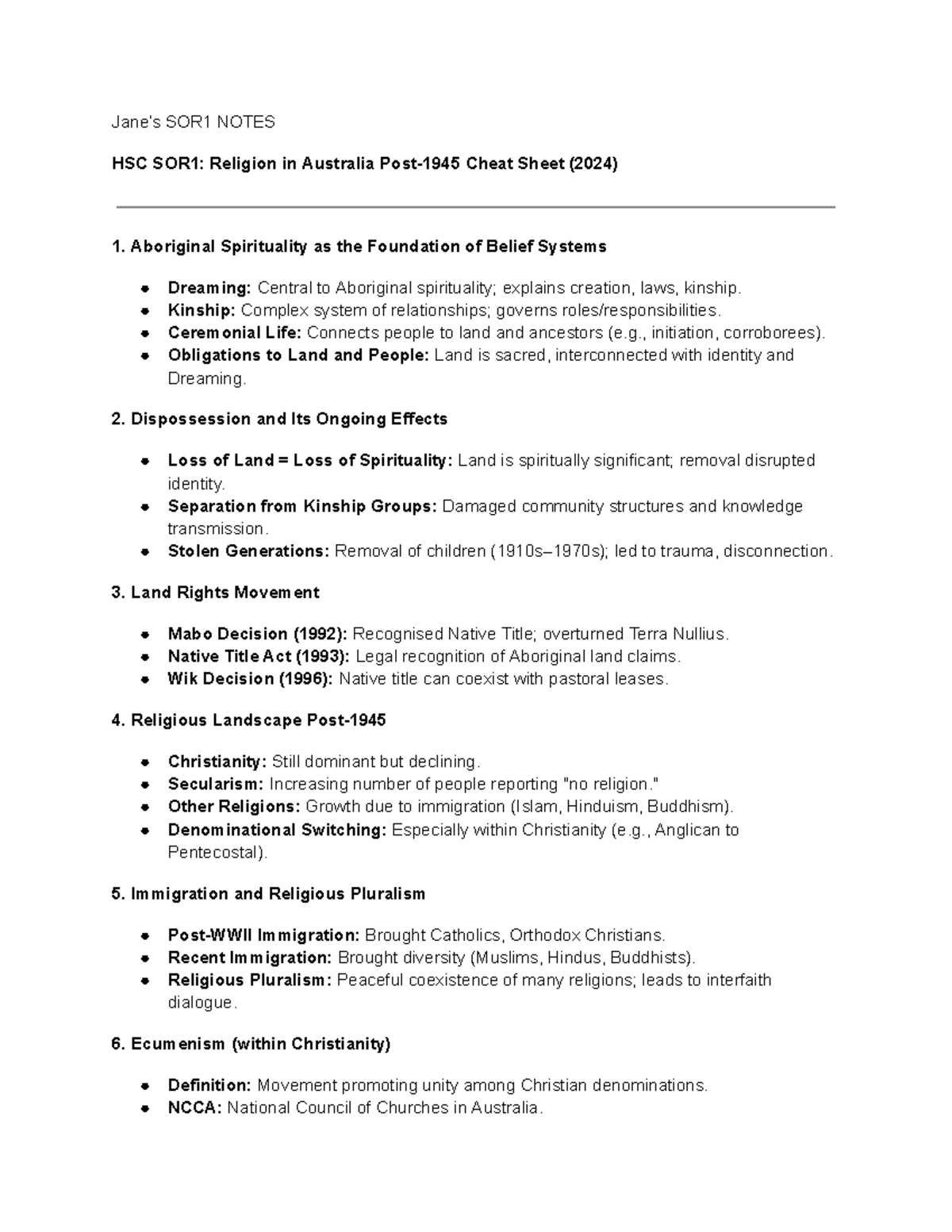 SOR1: HSC Religion in Australia Study Notes (2024) - Studocu