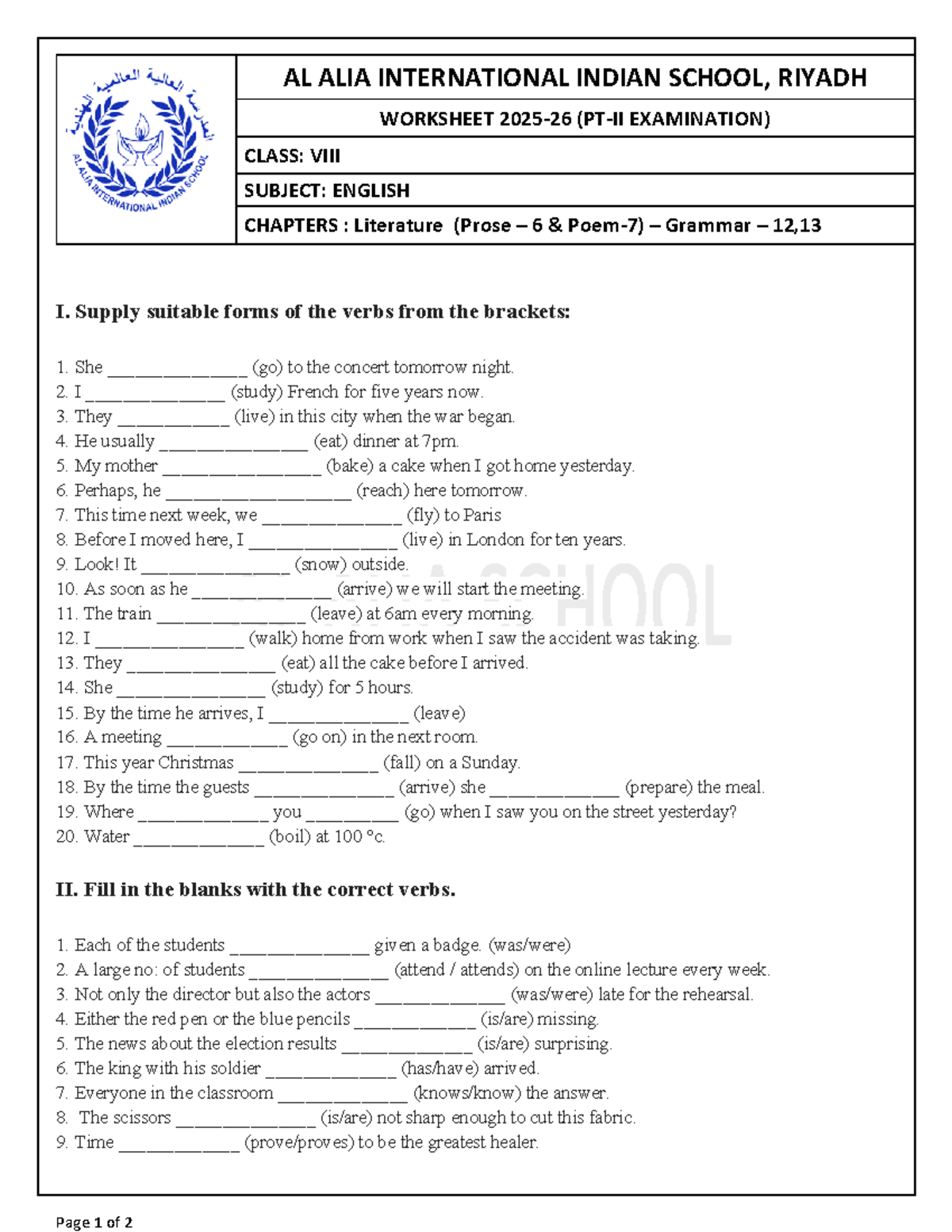 AL ALIA INTERNATIONAL INDIAN SCHOOL ENGLISH WORKSHEET EXAMINATION - Studocu
