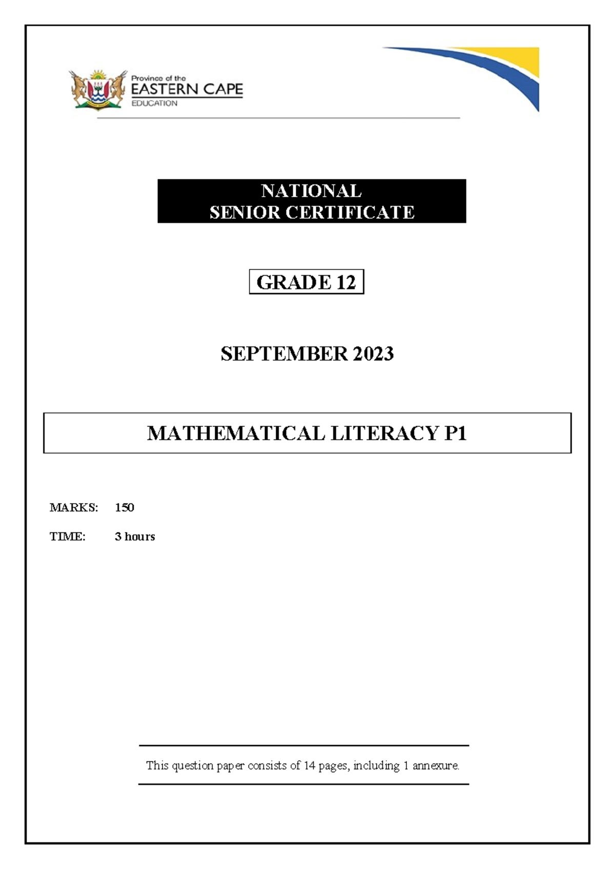 Maths LIT P1 GR12 September 2023 Question Paper - Studocu