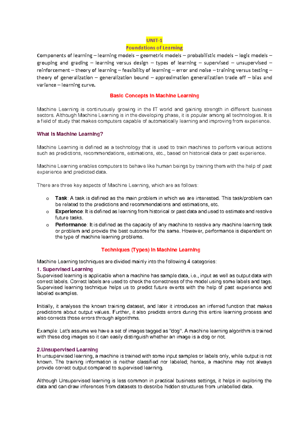 ML-Unit 1 - Comprehensive Machine Learning Concepts and Techniques ...