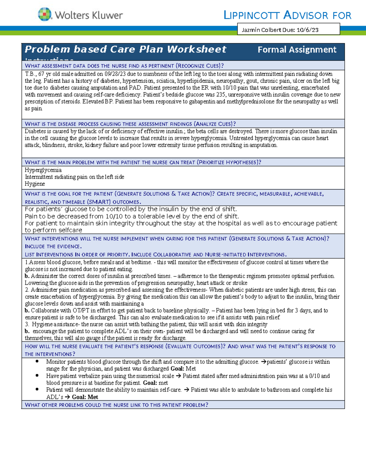 Problem based Care Plan - Graded - LIPPINCOTT ADVISOR FOR EDUCATION ...