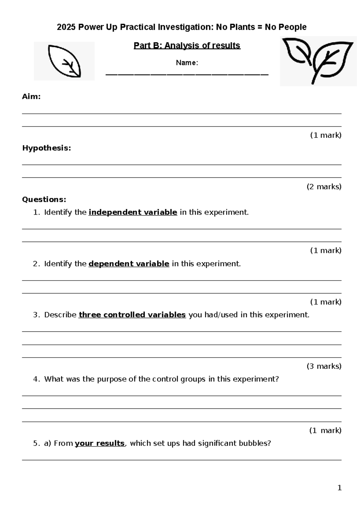 2025 BIO101 Practical Investigation: Photosynthesis Analysis Part B ...