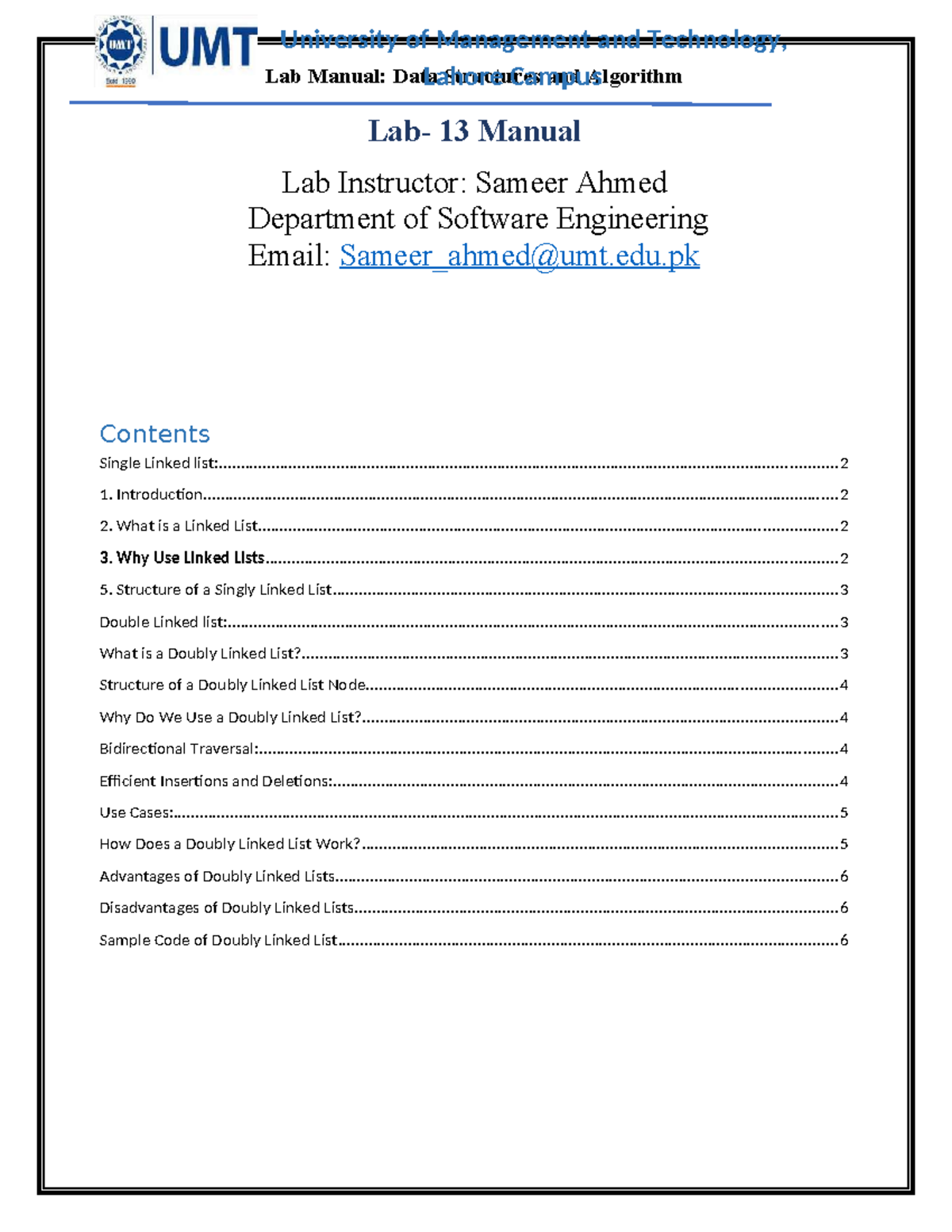 Doubly Linked List Lab Manual: Data Structures & Algorithms (CS101) - Studocu