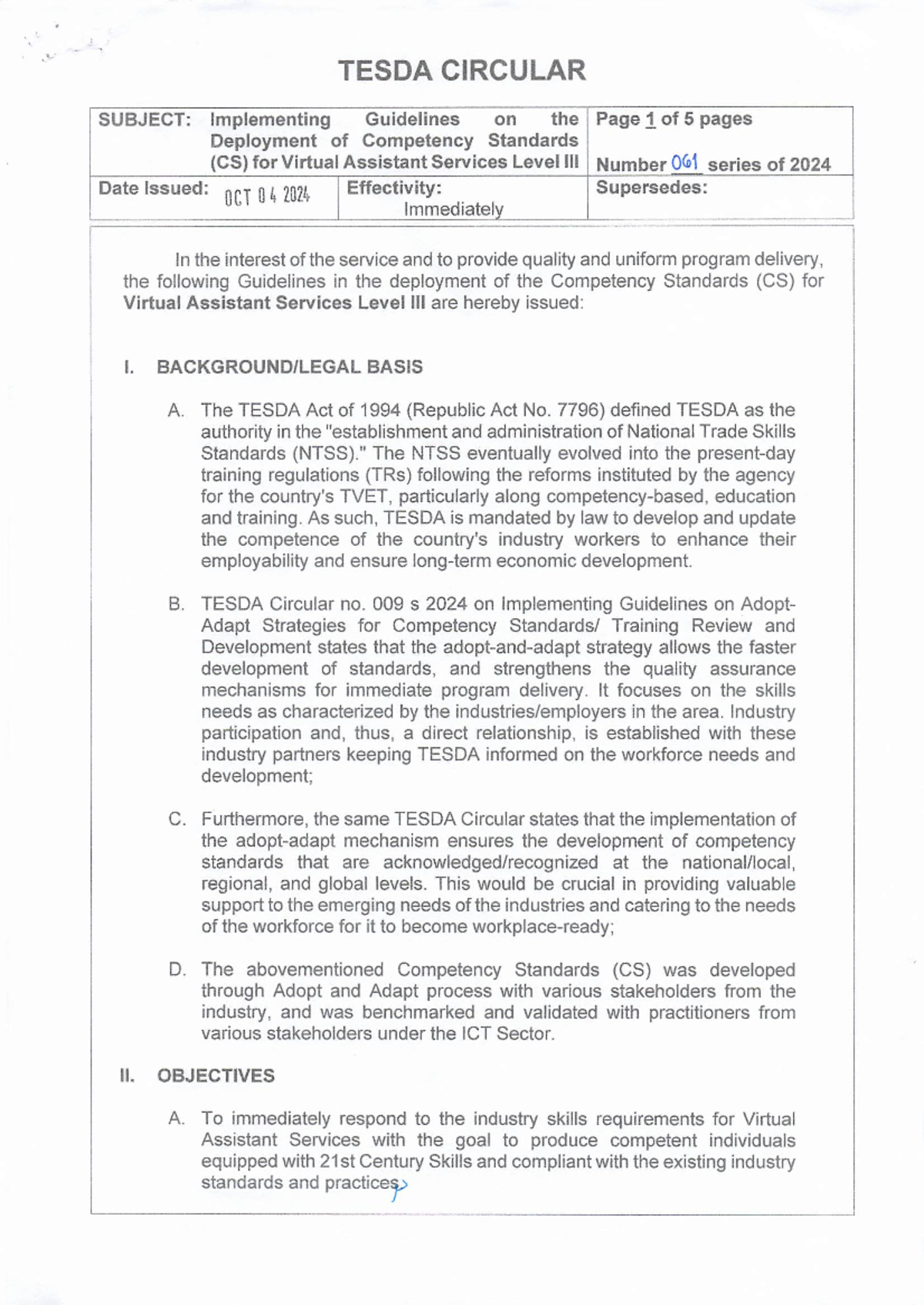 TESDA Circular No. 061-2024: Guidelines for Competency Standards in ...