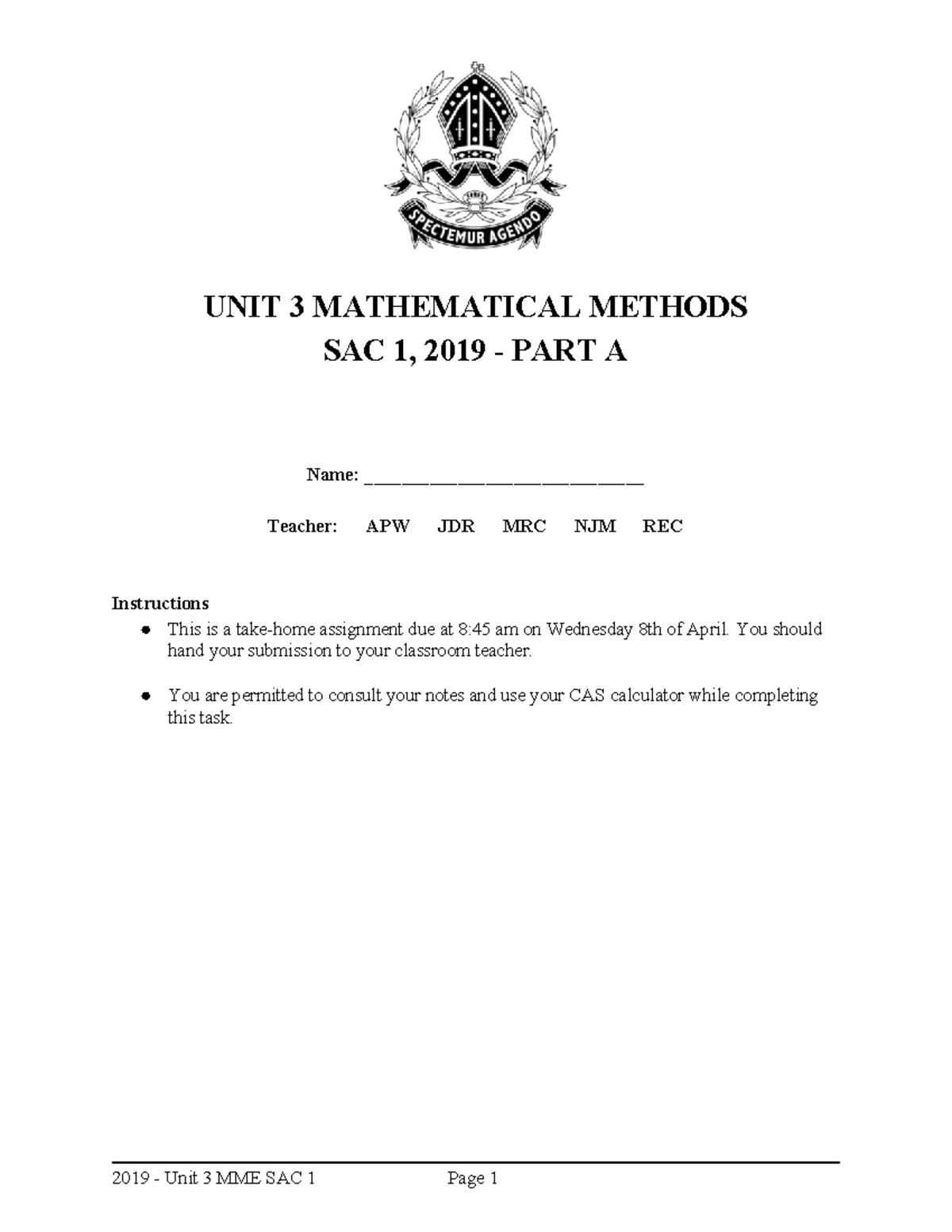CGS 2019 Unit 3 MME SAC 1 - Mathematical Modelling Assignment - Studocu