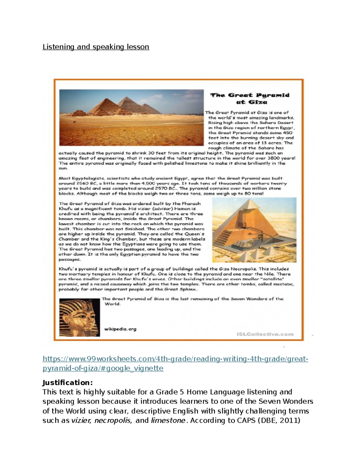 EFFA 6212 Listening & Speaking Lesson: The Great Pyramid at Giza - Studocu