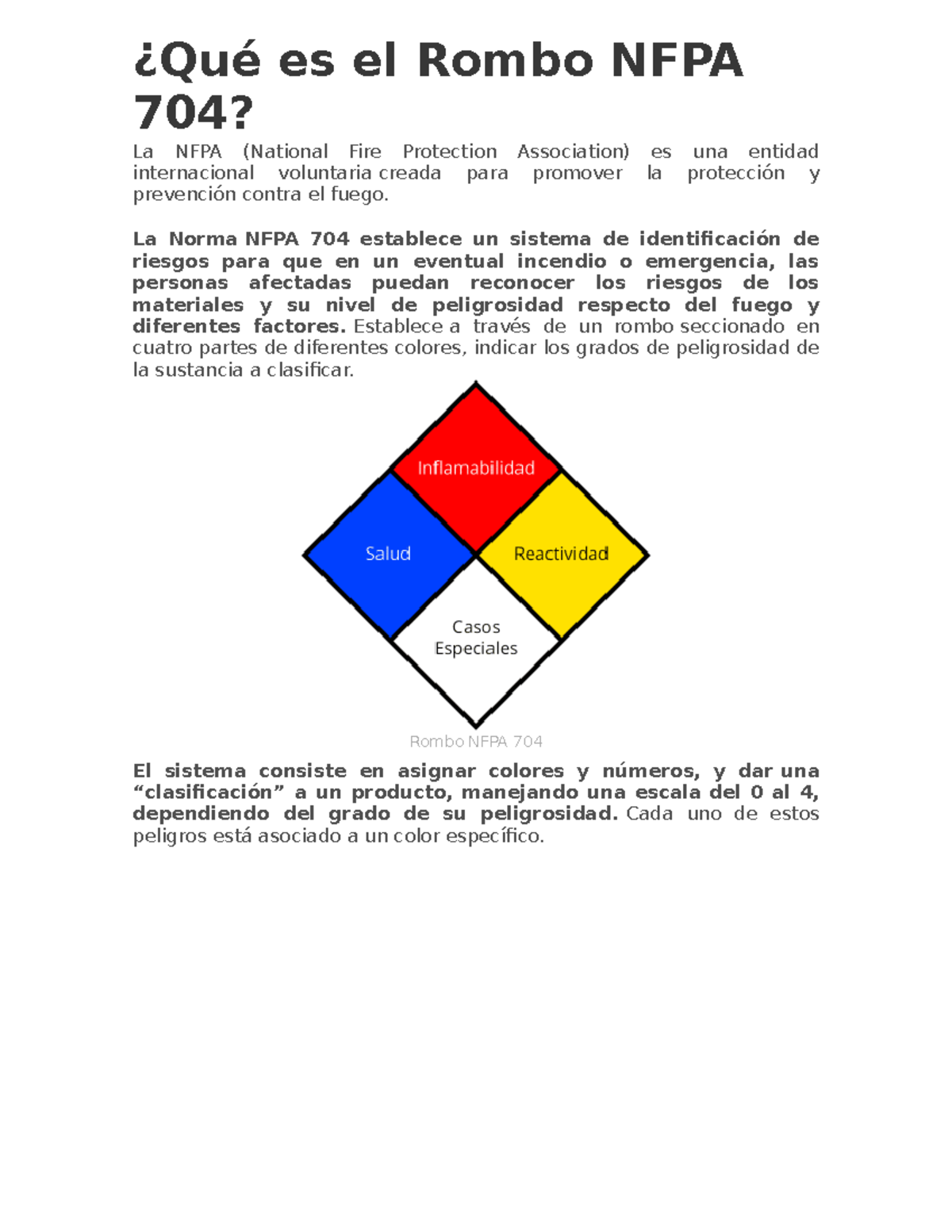 Rombo NFPA 704: Identificación de Riesgos y Peligrosidad - Studocu