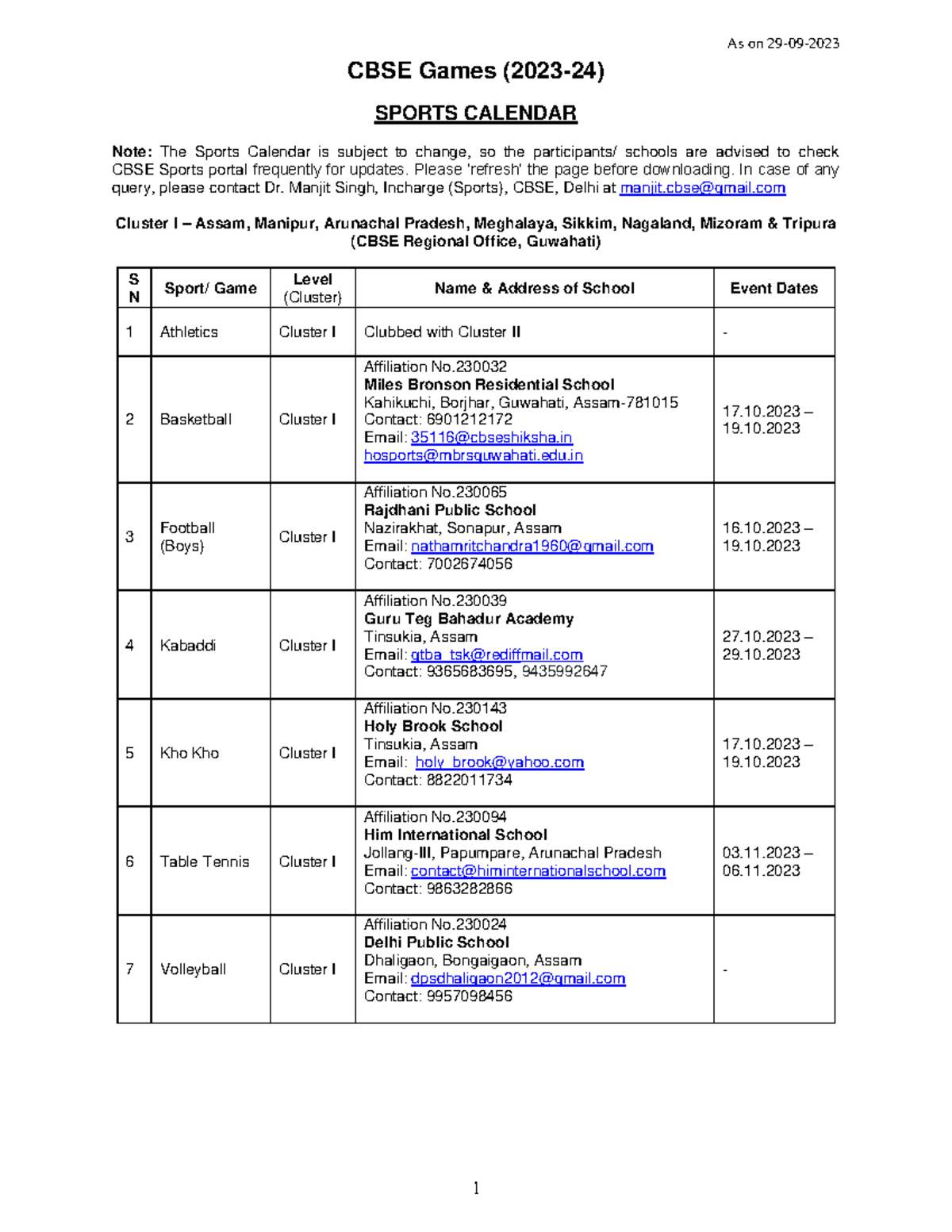 CBSE Sports Calendar 2023-24: Cluster-Wise Event Schedule - Studocu
