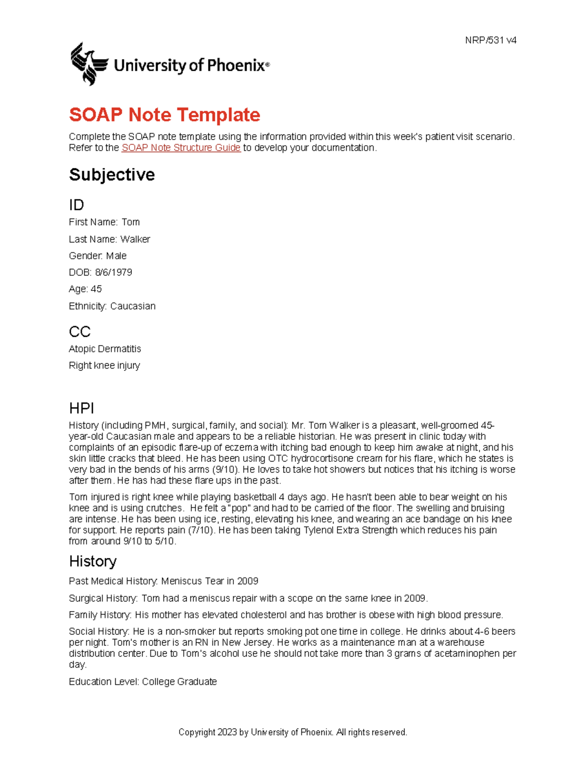 SOAP Note for Tom Walker - NRP/531 Patient Visit Scenario - Studocu