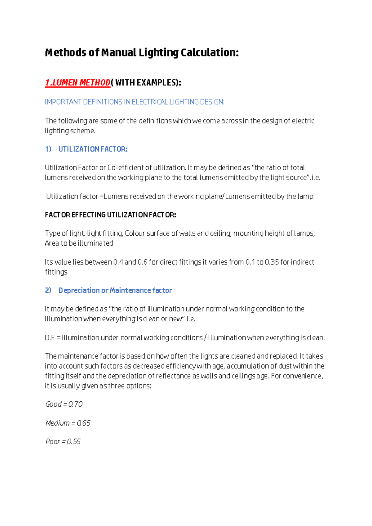 BS Notes - Unit 3: Manual Lighting Calculation Methods & Definitions ...