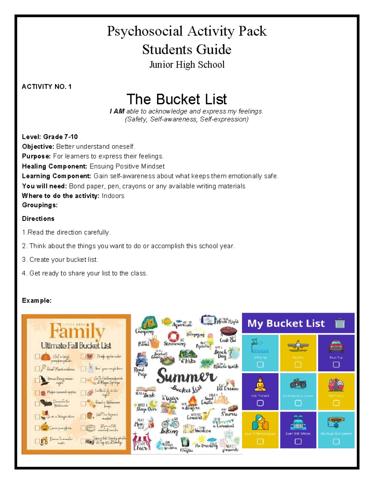 JHS Psychosocial Activity Pack: Engaging Activities for Self-Expression ...