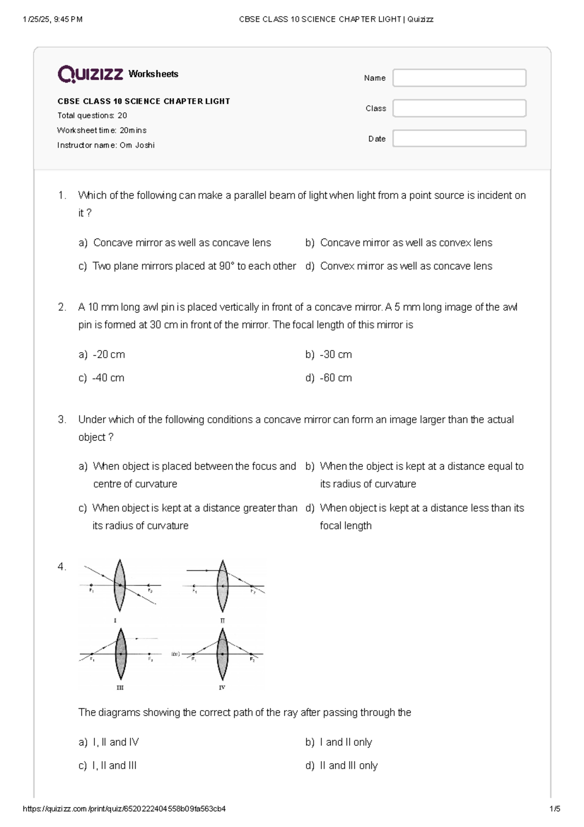 CBSE Class 10 Science Chapter Light Worksheet Quiz with 20 Questions ...