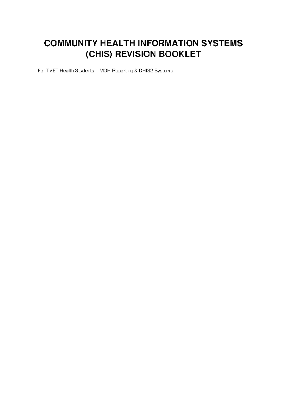 CHIS Revision Booklet for TVET Health Students: MOH Reporting & DHIS2 ...