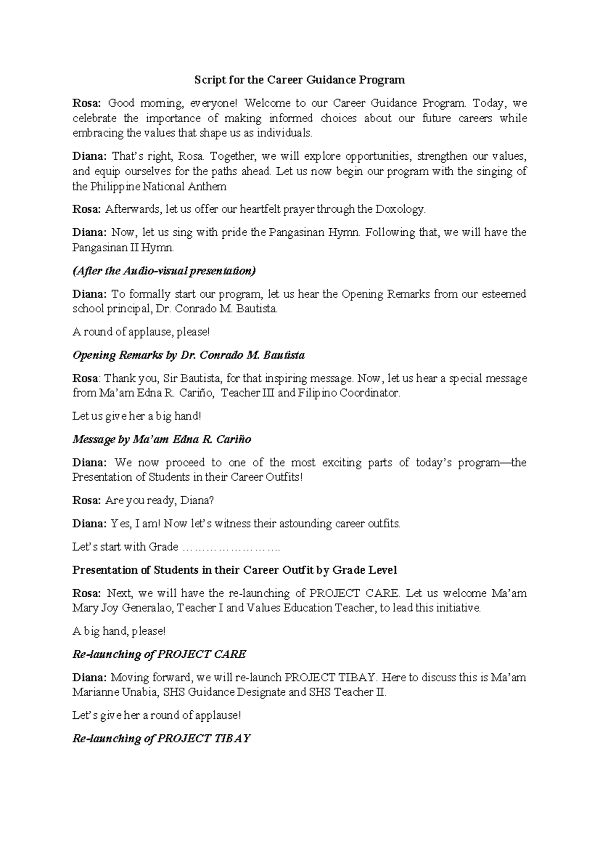 Script for the Career Guidance Program: A Celebration of Future Paths ...