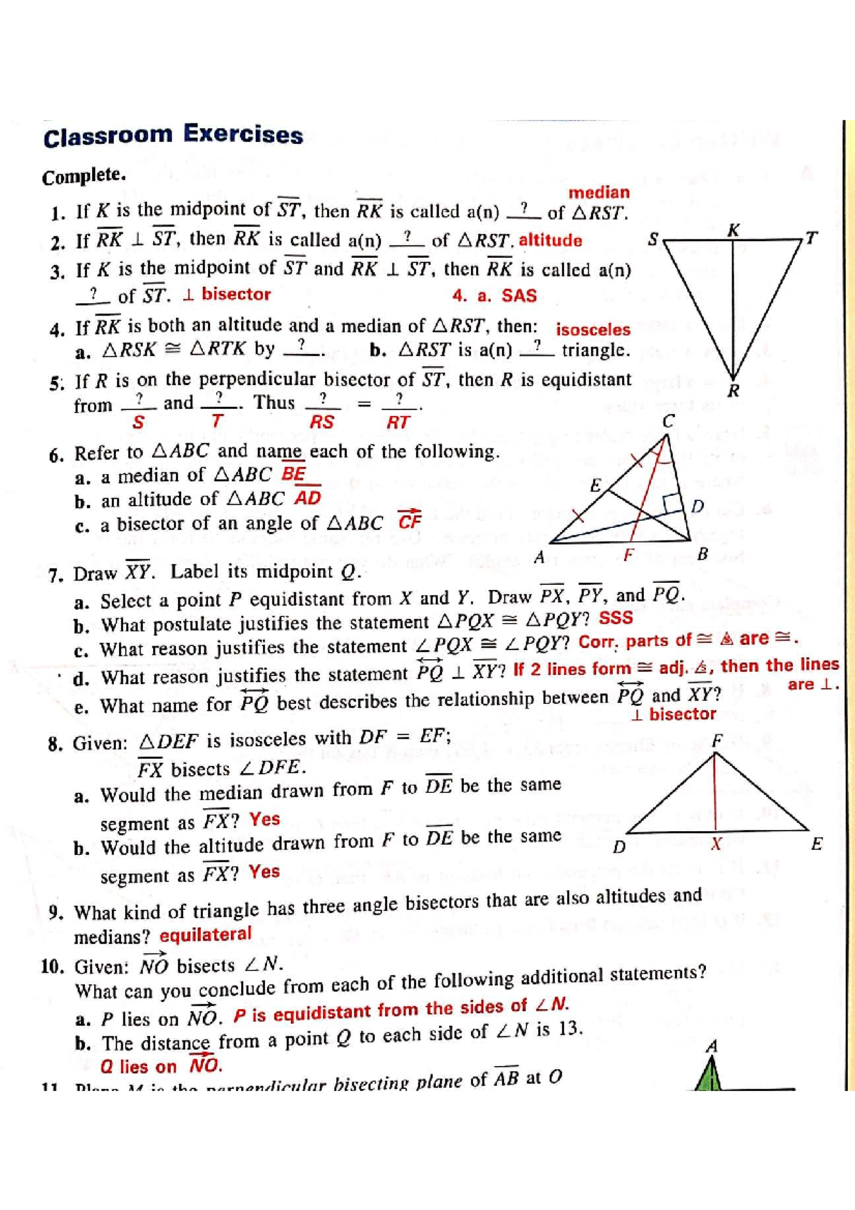 Classroom Exercises: Medians, Altitudes, and Bisectors (Chp 4.7 & 10.7 ...