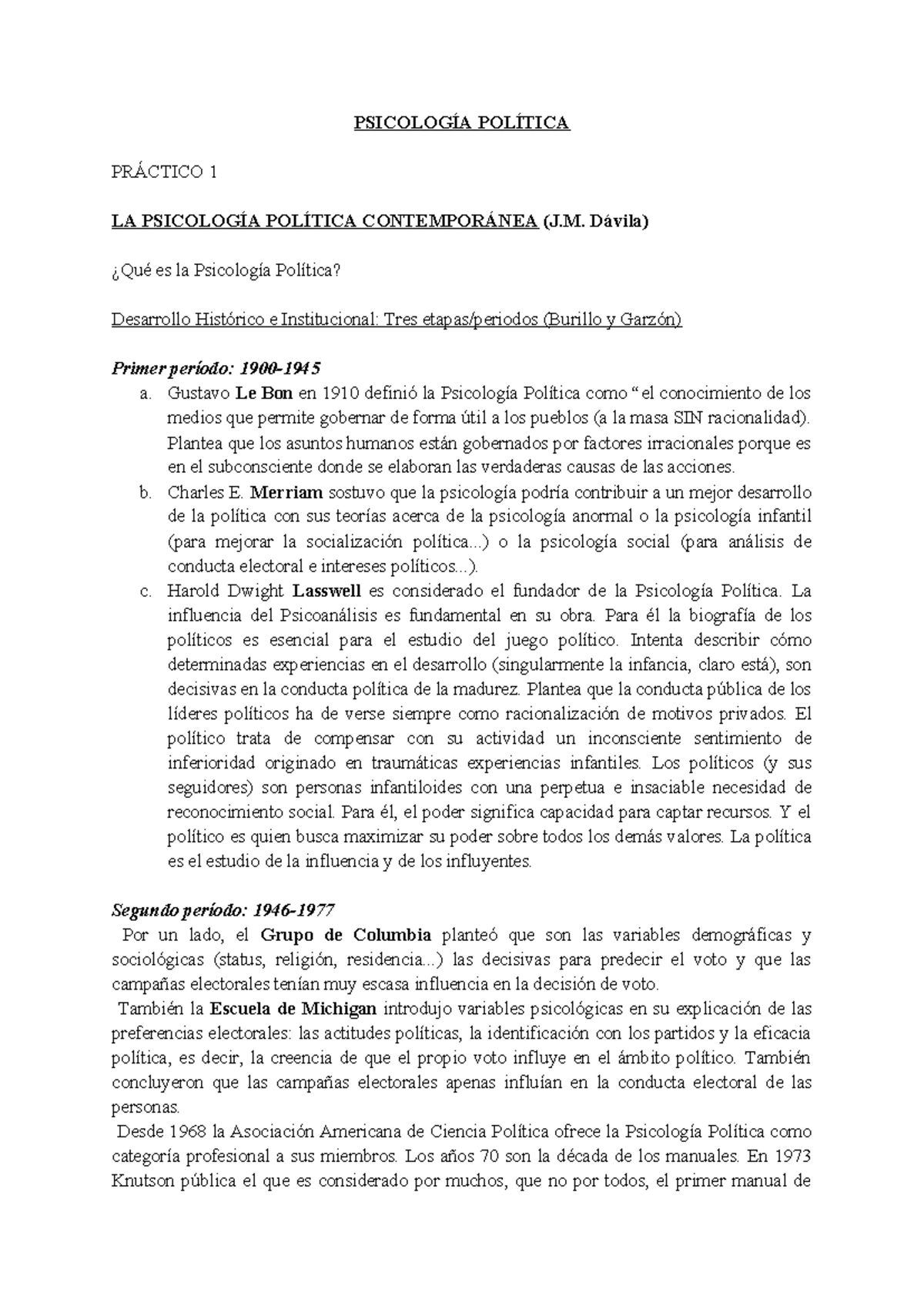 PSICOLOGÍA POLÍTICA: RESUMEN PRÁCTICO 1° PARCIAL (J.M. Dávila) - Studocu
