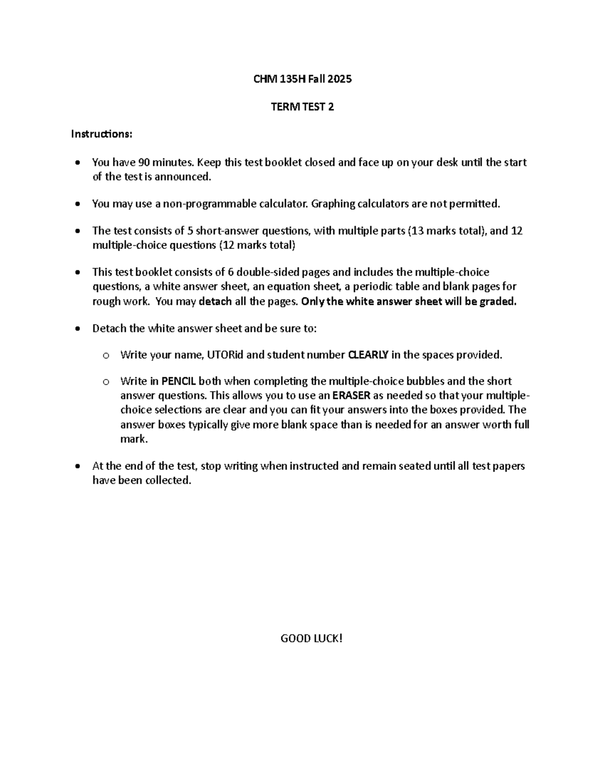 CHM 135H Fall 2025 Term Test 2 Instructions and Questions - Studocu