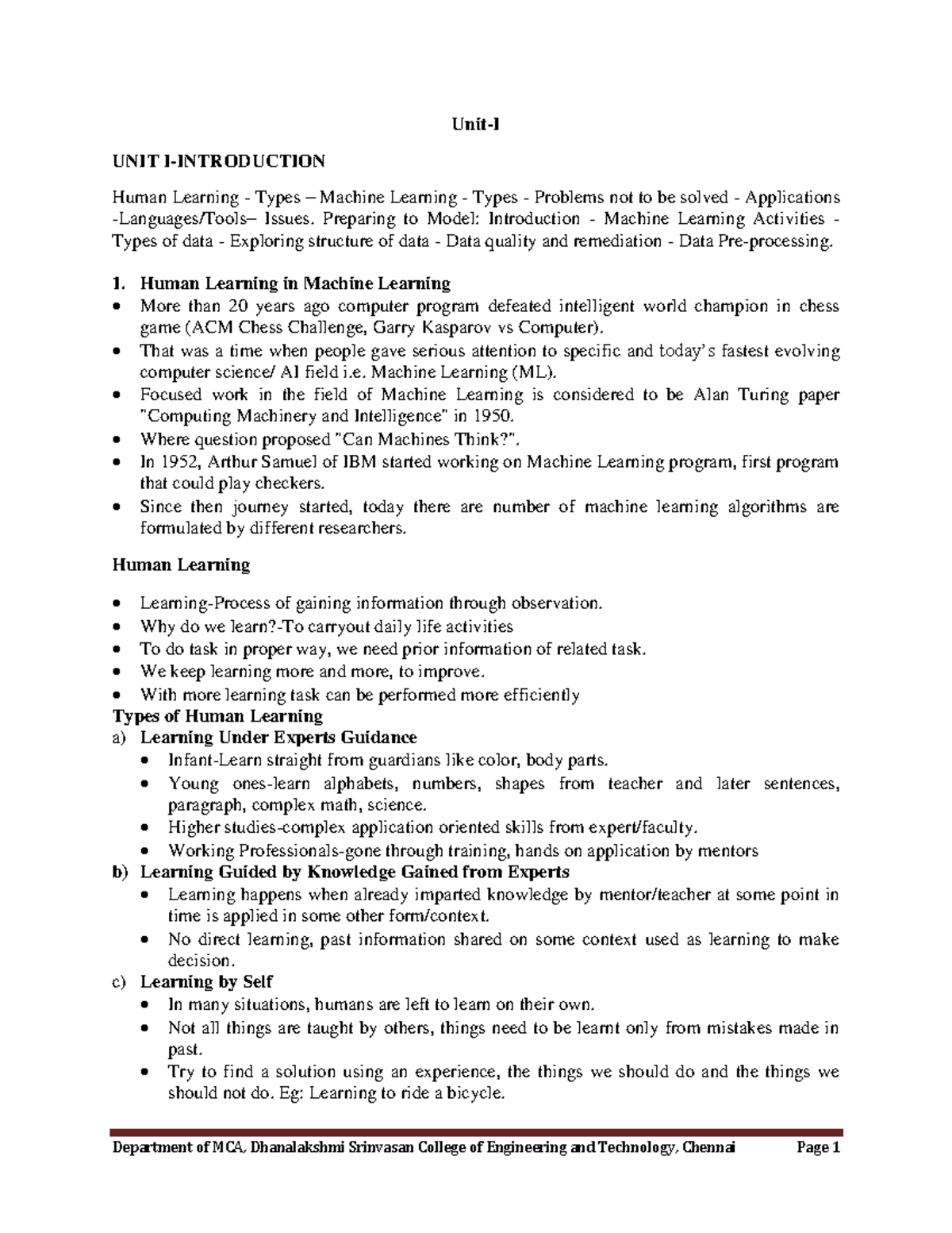 MLunit-1 - Unit-1 - Unit-I UNIT I-INTRODUCTION Human Learning - Types – Machine Learning - Types ...