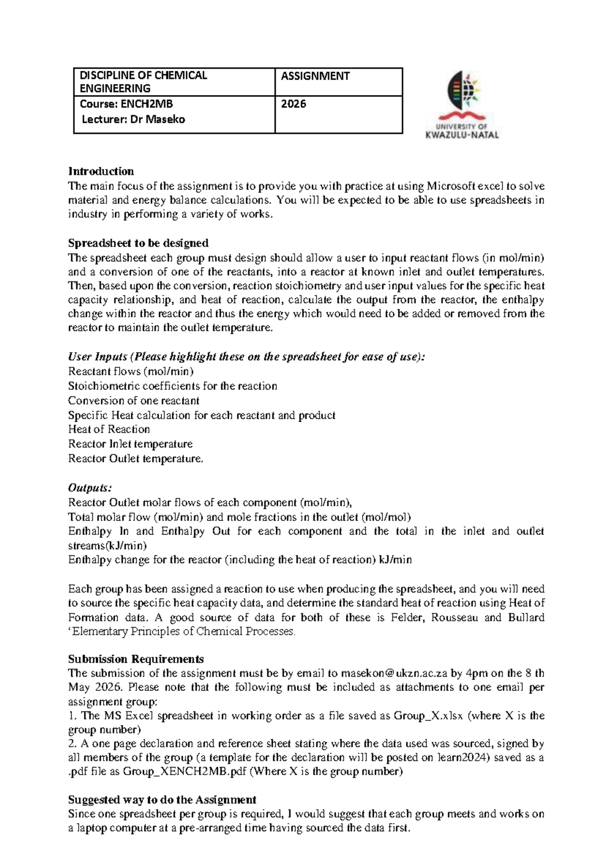 ENCH2MB Assignment 2026: Excel for Material & Energy Balances - Studocu