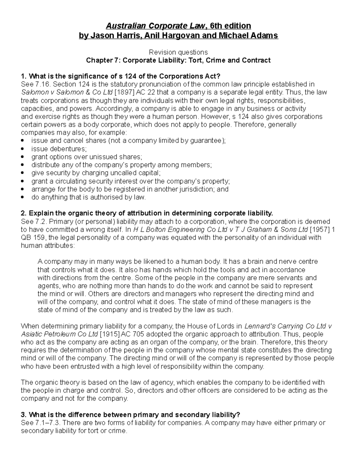 ACL6 Revision Qs and Solutions: Ch 7 - Liability in Corporation Law ...