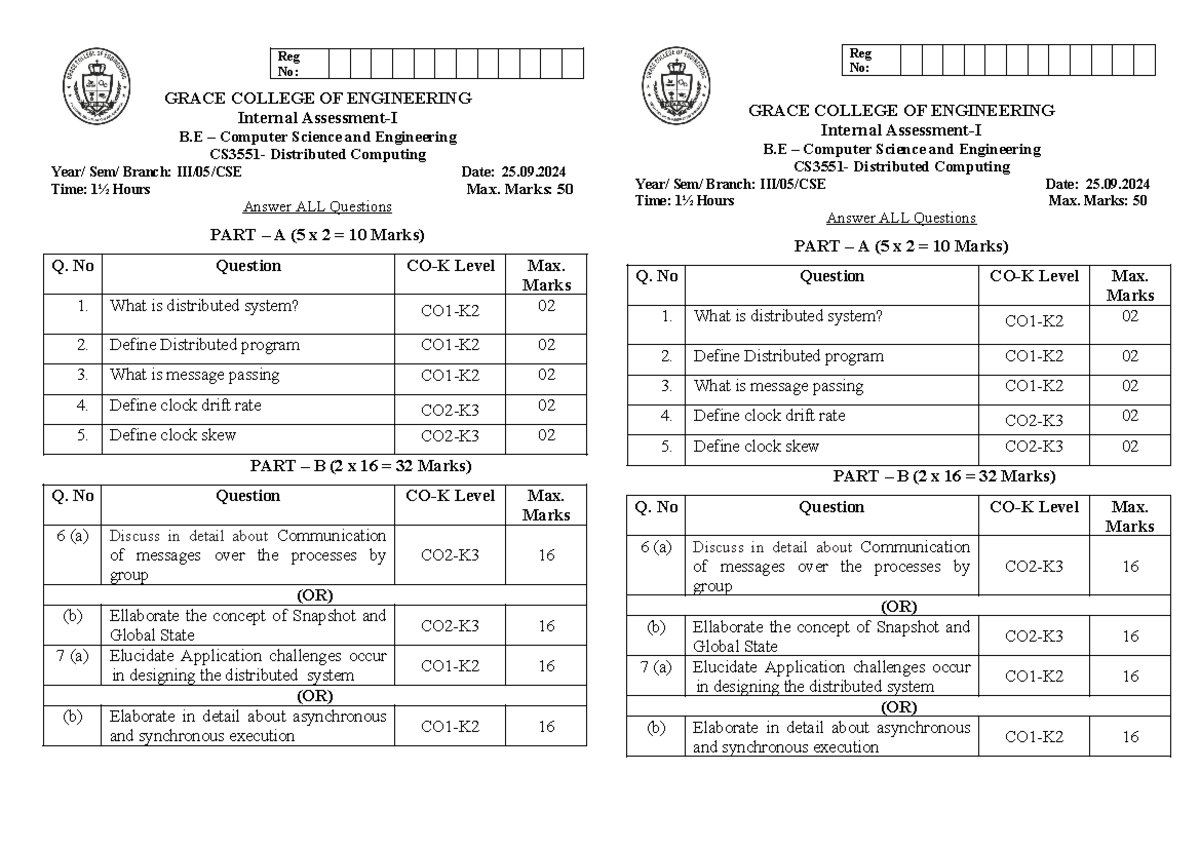 Internal Assessment-I CS3551 - Sample Question Paper for DC 25 - Studocu