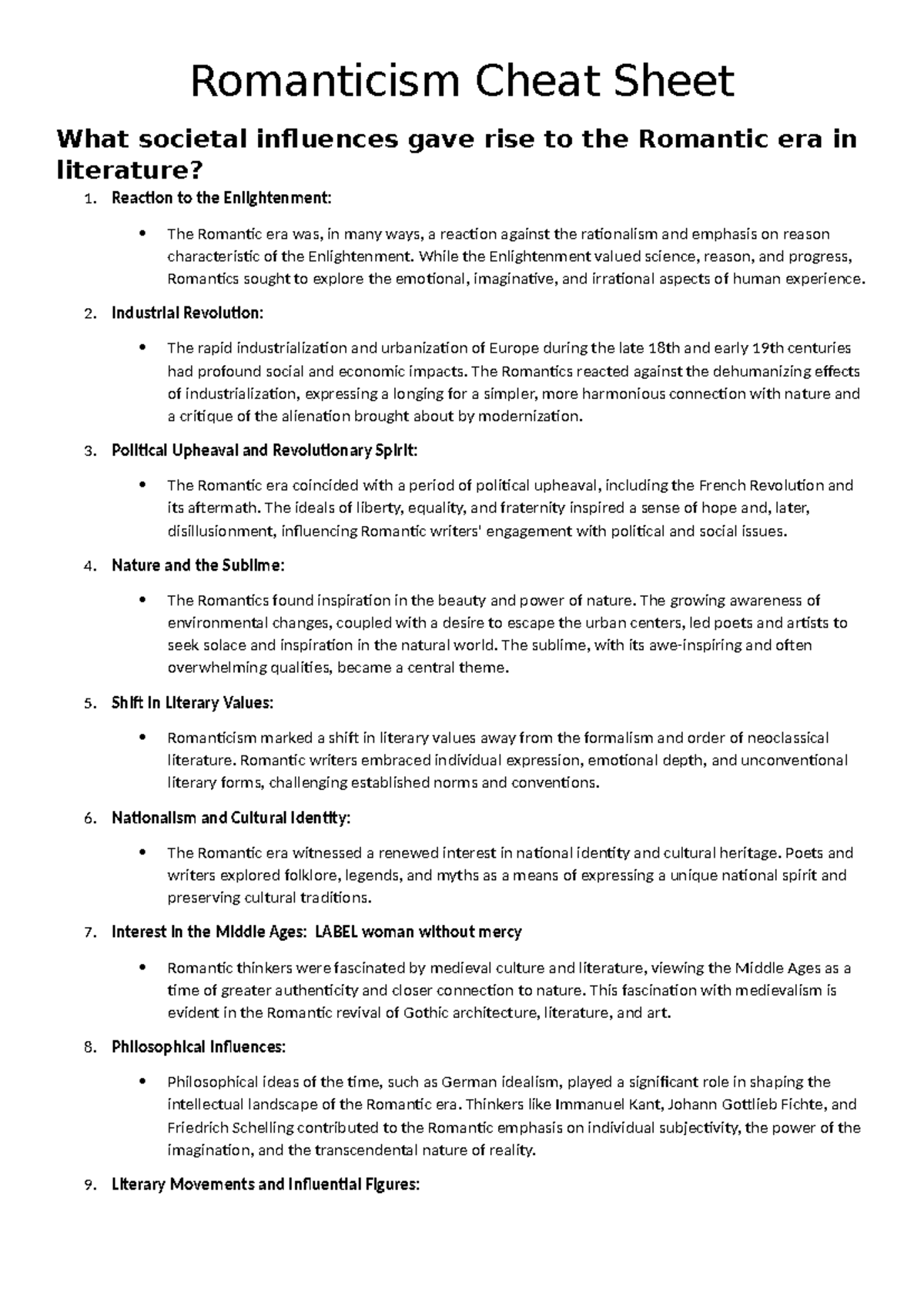 Romanticism Cheat Sheet: Societal Influences & Key Poetry Conventions ...