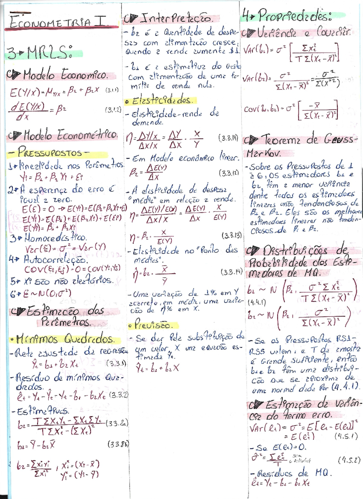 ECONOMETRIA I: Resumo das Propriedades e Modelos Econômicos - Studocu