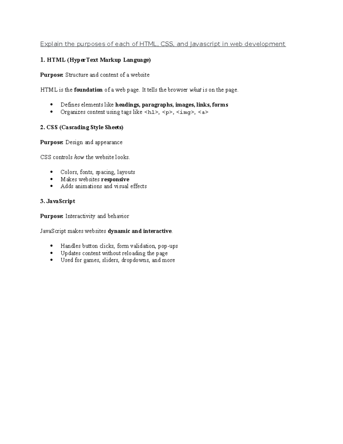 Web Development Overview: HTML, CSS, & JavaScript Purposes - Studocu