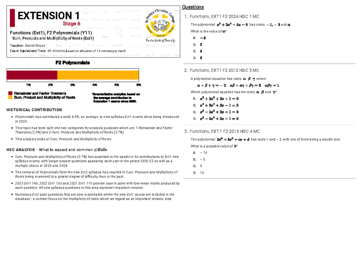 Polynomials Practice Questions (Roots) - EXT1 F2 HSC 2024 - Studocu