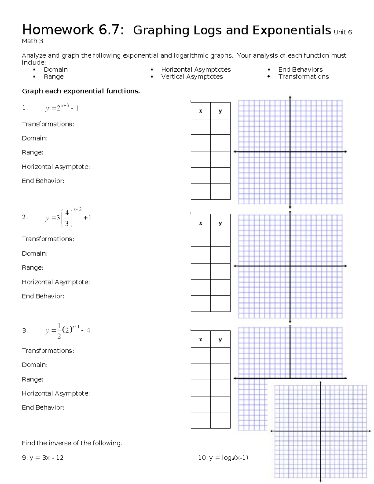 Homework 6.7: Analyzing Exponential & Logarithmic Functions - Math 3 ...