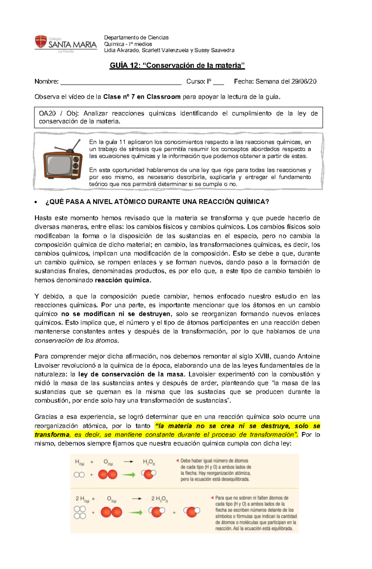 Guía 12: Conservación de la Materia en Reacciones Químicas - Iº Medios ...