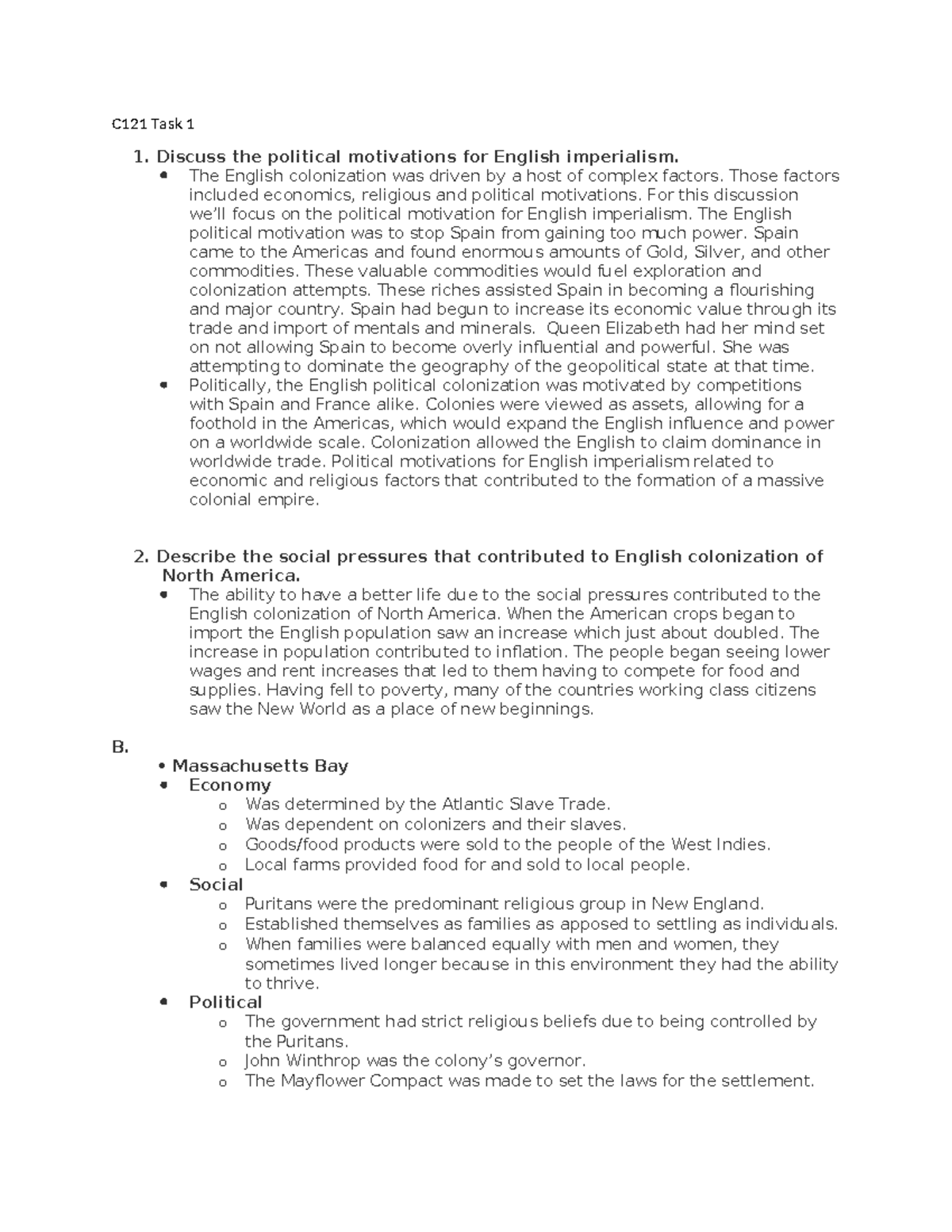 C121 Task 1: Political Motivations and Social Pressures of English ...
