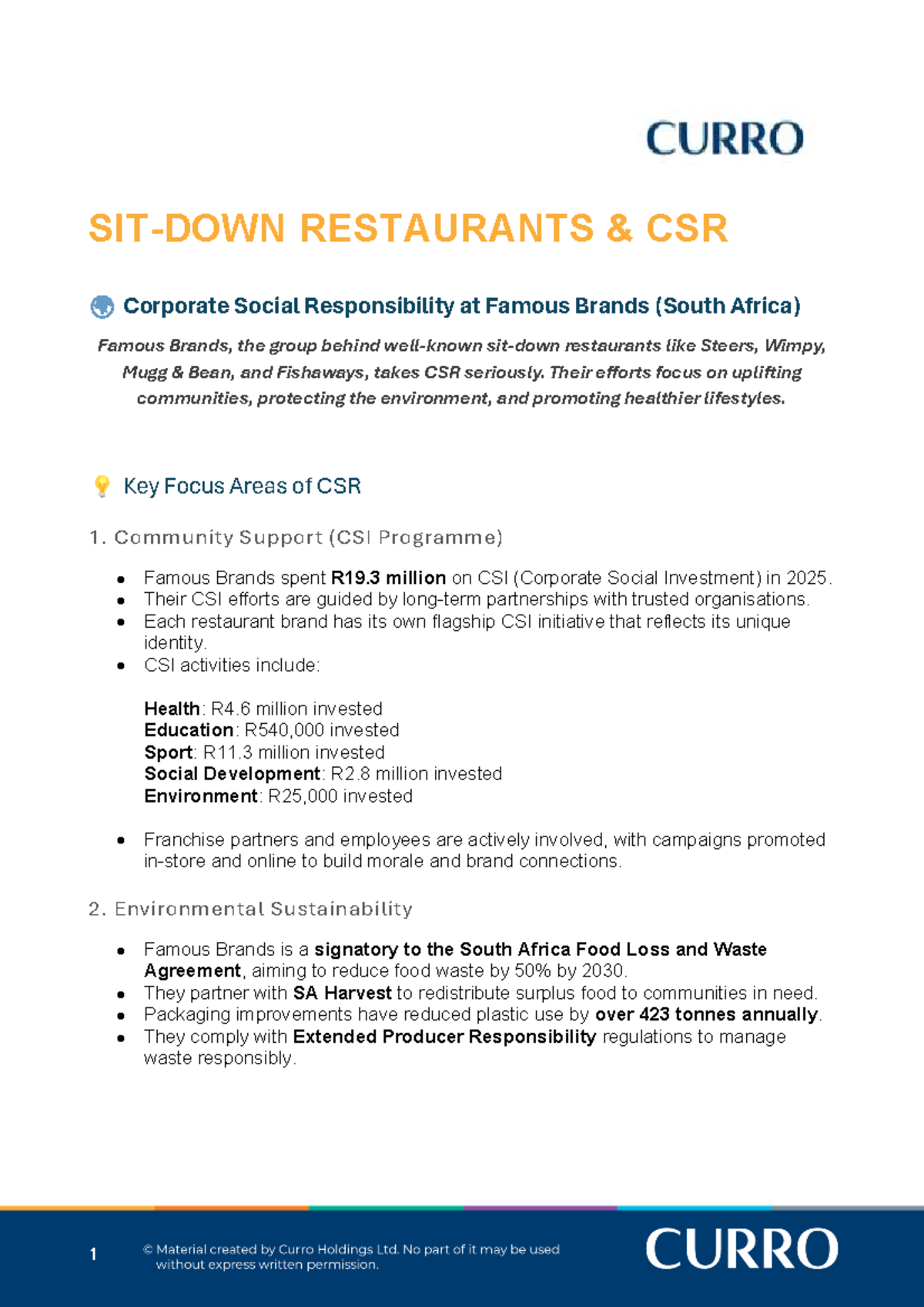 CSR Initiatives at Famous Brands Restaurants (South Africa) - Studocu