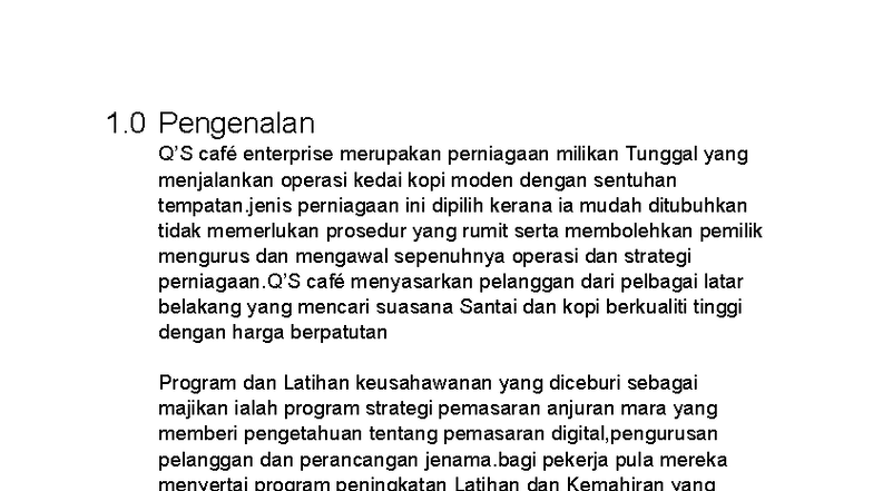 Rancangan Perniagaan Café Milikan Tunggal SKSKS: Strategi & Operasi ...