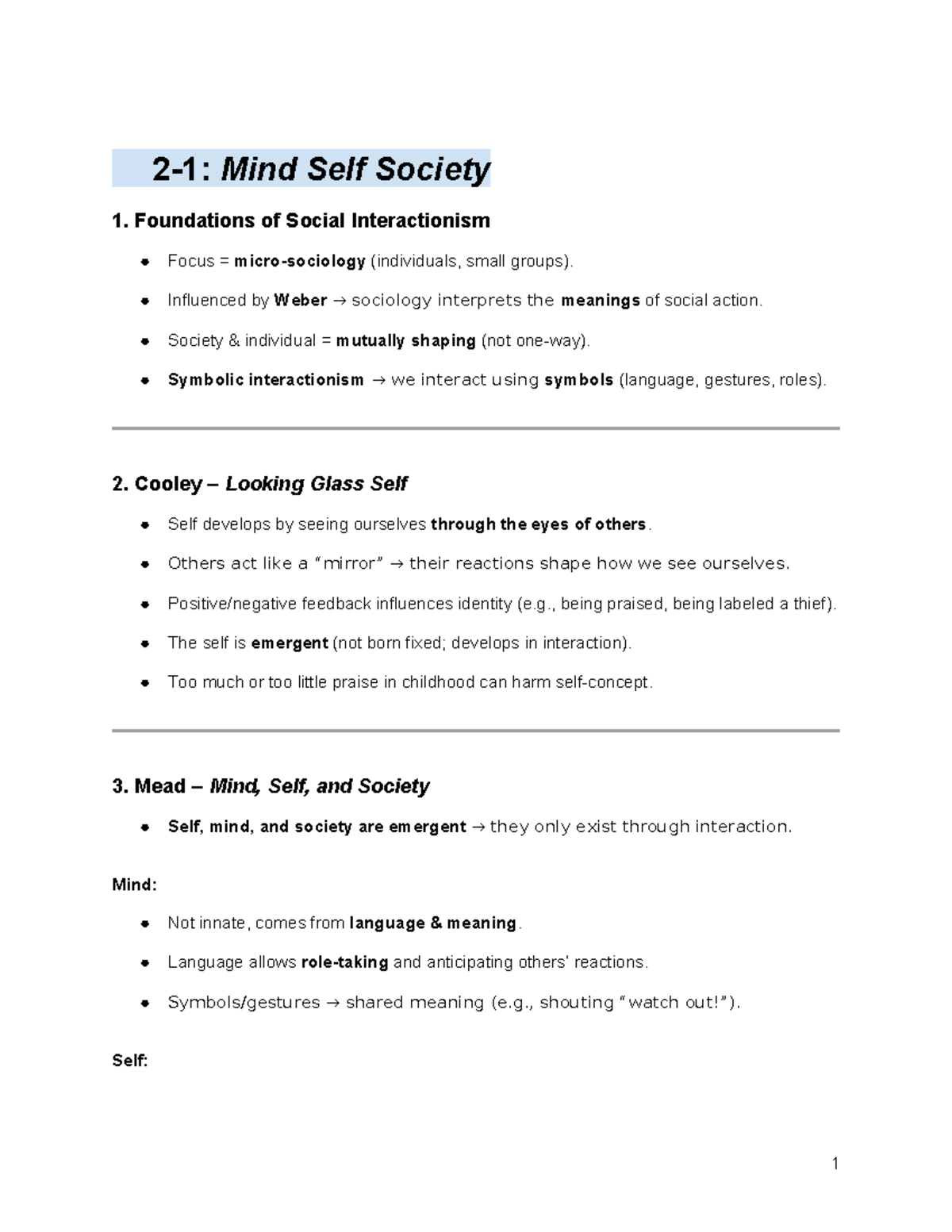SOC100 Midterm 2: Foundations of Social Interactionism and Self ...