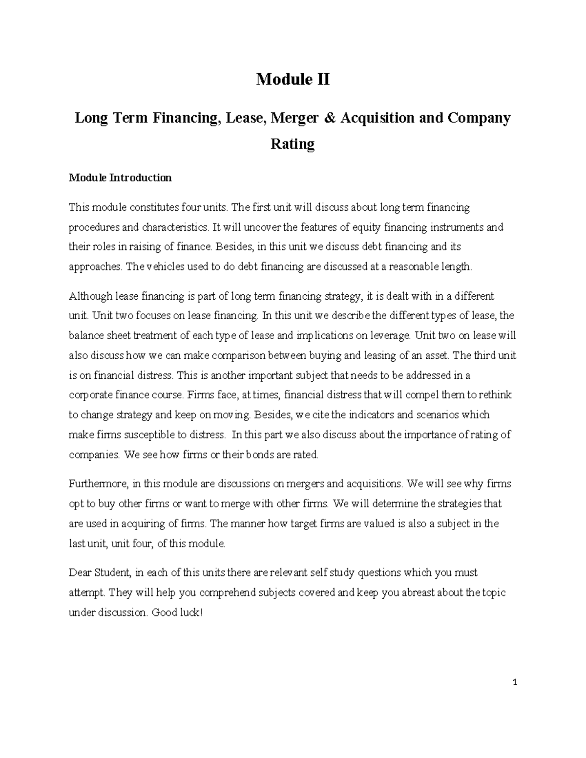 Module II - Corporate Finance: Long Term Financing, Leases ...