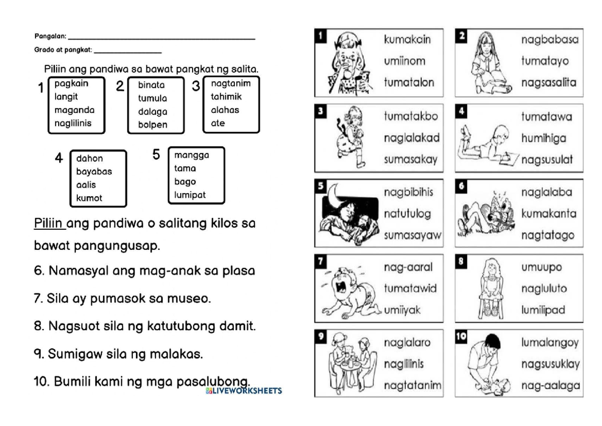 Filipino worksheet - Pangalan: 1 kumakain 2 nagbabasa Grado at pangkat ...
